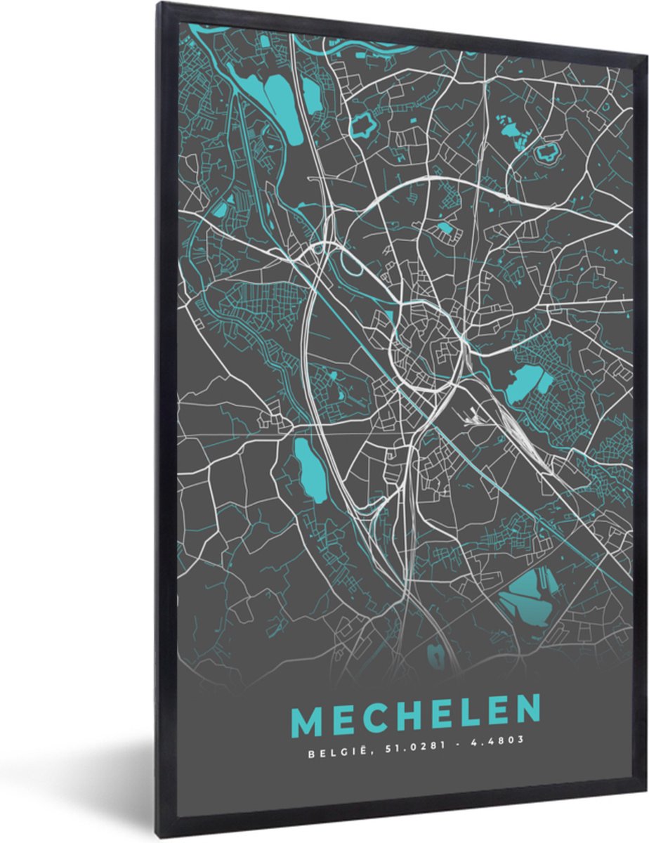 Fotolijst incl. Poster - België – Mechelen – Stadskaart – Kaart – Blauw ...