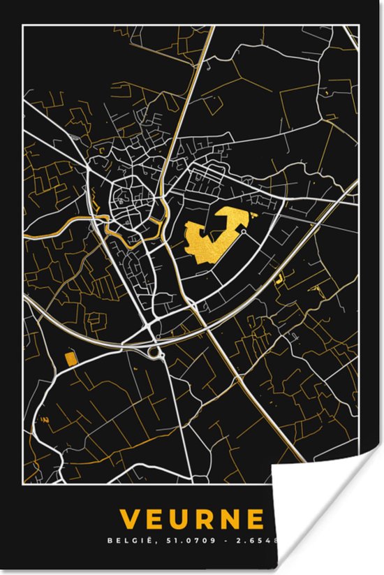 Poster Veurne - Goud - Plattegrond - Stadskaart - Kaart - 20x30 cm | bol