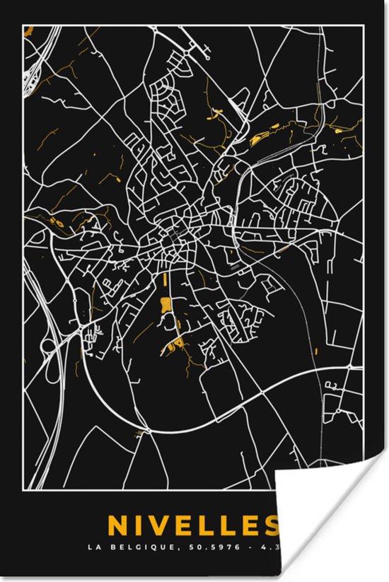 Poster Goud - Stadskaart - Plattegrond - Nivelles - Kaart - 20x30 cm ...