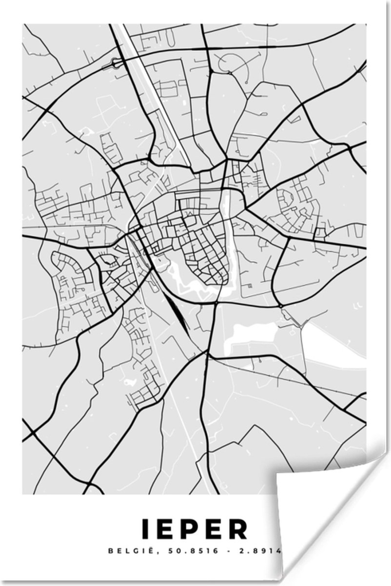 Poster Plattegrond – Ieper – Zwart Wit – Stadskaart - Kaart - 40x60 cm ...