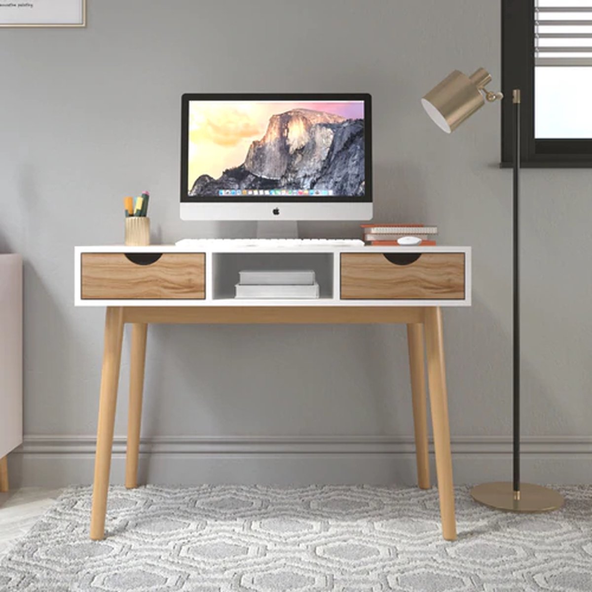 NumberOne® Moderne Computertafel 2 Lades 1 Opbergvak - Wit - Eikenhout ...
