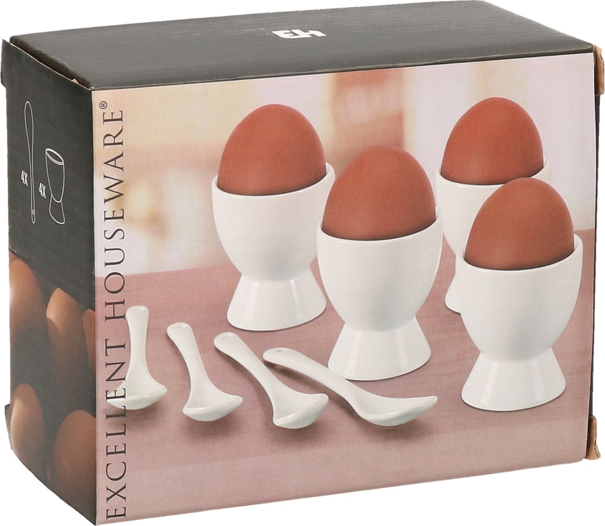 Set van 4x eierdopjes met lepel 6 cm - Ontbijt en lunch Pasen tafeldecoratie | bol
