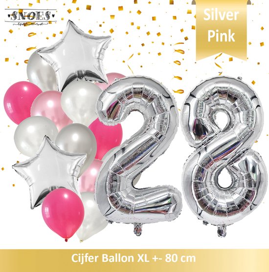 Cijfer Ballon 28 Jaar Zilver Roze White Pearl Boeket * Hoera 28 Jaar ...