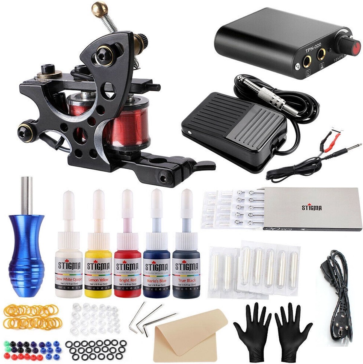 Complete tattoo set startersset met 5x inkt, 20x tatoeage-naalden, 20 ...