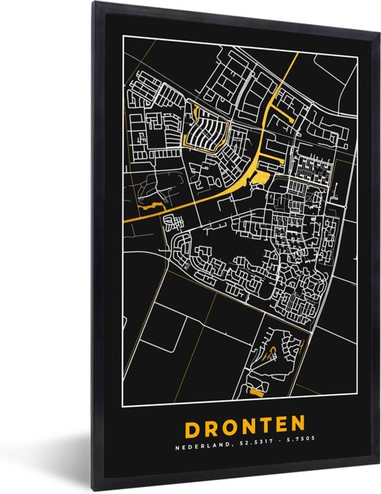Fotolijst incl. Poster - Dronten - Black and Gold - Stadskaart - Kaart ...
