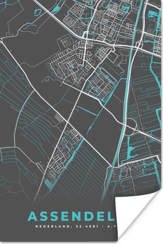 Poster Assendelft - Stadskaart - Blauw - Kaart - Plattegrond - 80x120 ...