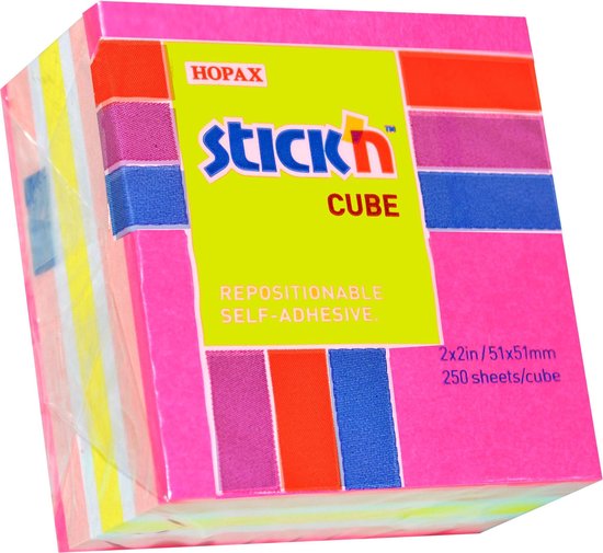 Stick'n Kubus sticky notes - 50x50mm, neon/pastel mix roze, 250 ...