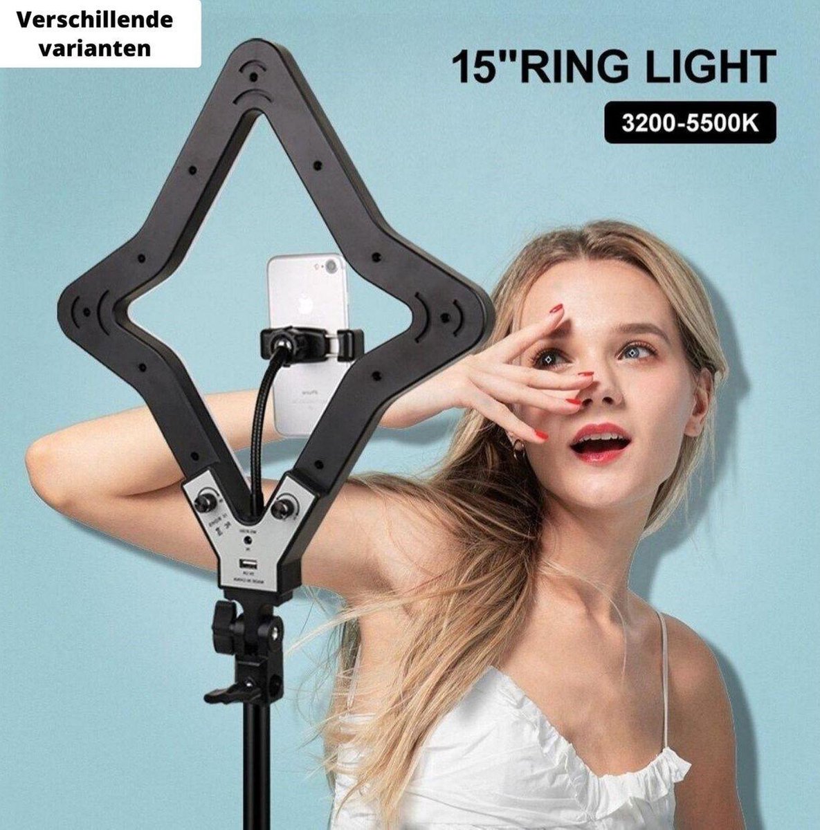 Zwart Stervormig LED Ringlamp van 33cm met Telefoonhouder en Draagtas ...