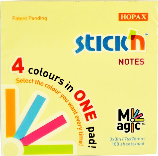 Stick'n Memoblok Magic sticky note - 76x76mm, 4x pastel assorti kleuren ...