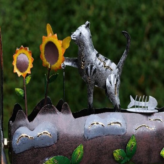 Tuinsteker windmolen metalen Kat met bloemen op boomstam windmolen | bol.com