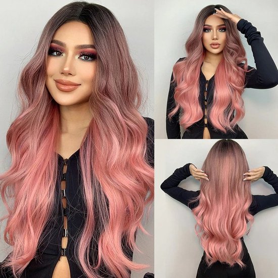 Homezie Pruik - Roze - Lang golvend haar - Balayage - Pruiken dames ...