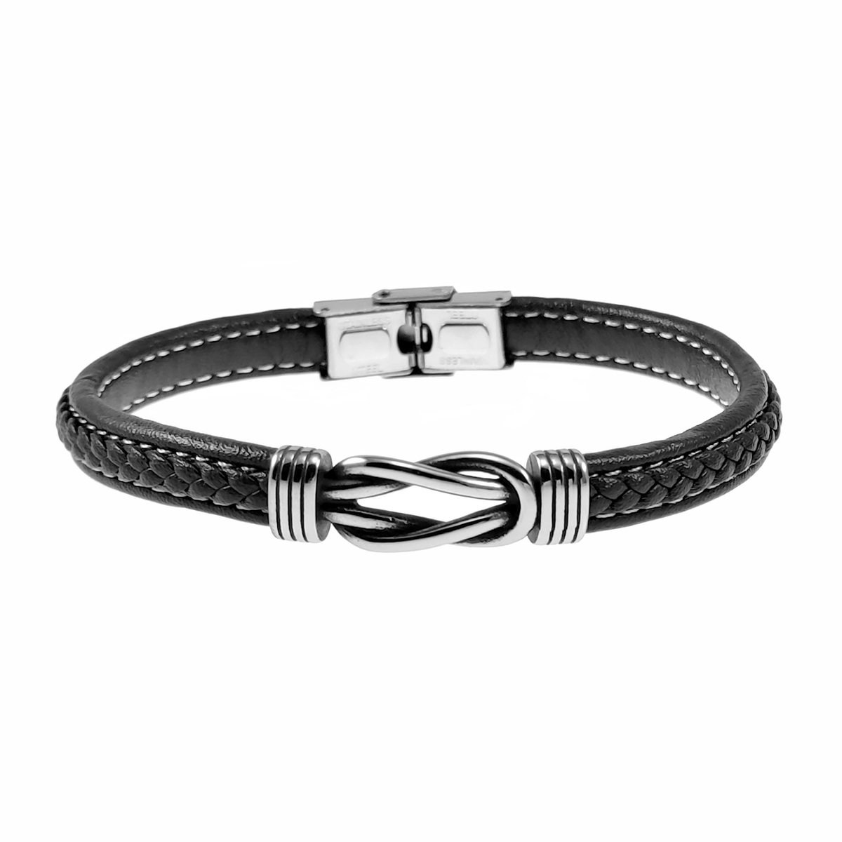 Armband Heren - Zwarte Leren - Stalen Zilver Kleur - Symbool ...