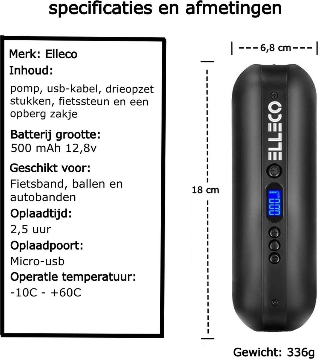 Elleco® Fietspomp - Elektrische Fietspomp - Compressor - Elektrische ...