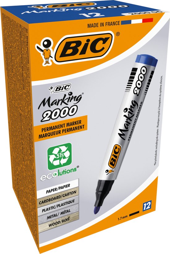 Bic Marking Marker 2000 Permanent - Ronde punt 1.7mm - Blauw Ds/12 | bol