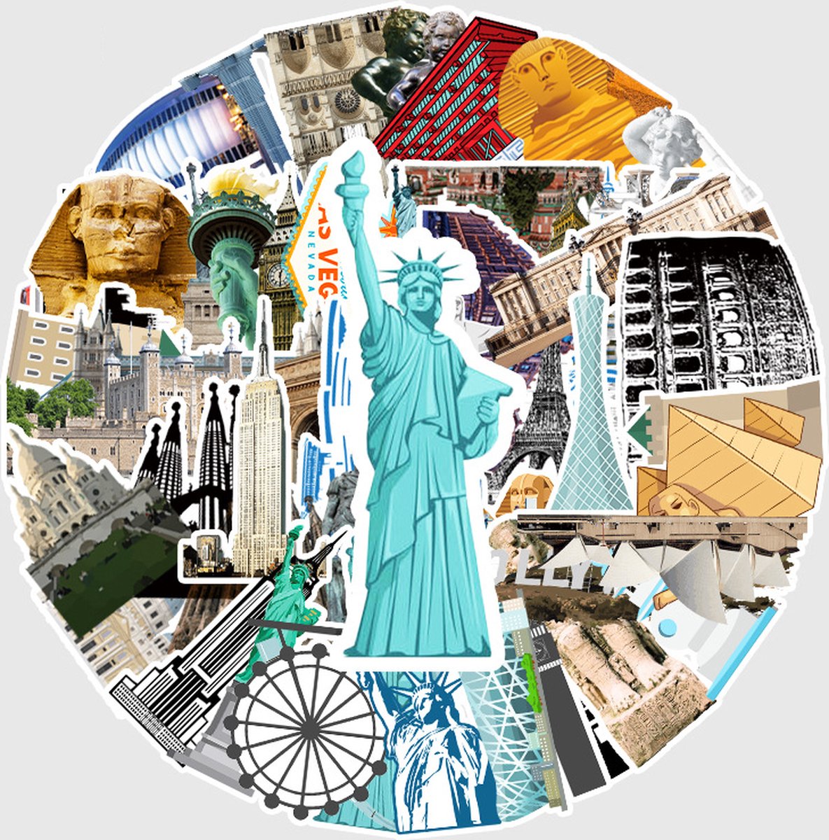 64 Landmark Stickers | Reizen, Piramides, Eiffeltoren, Vrijheidsbeeld ...