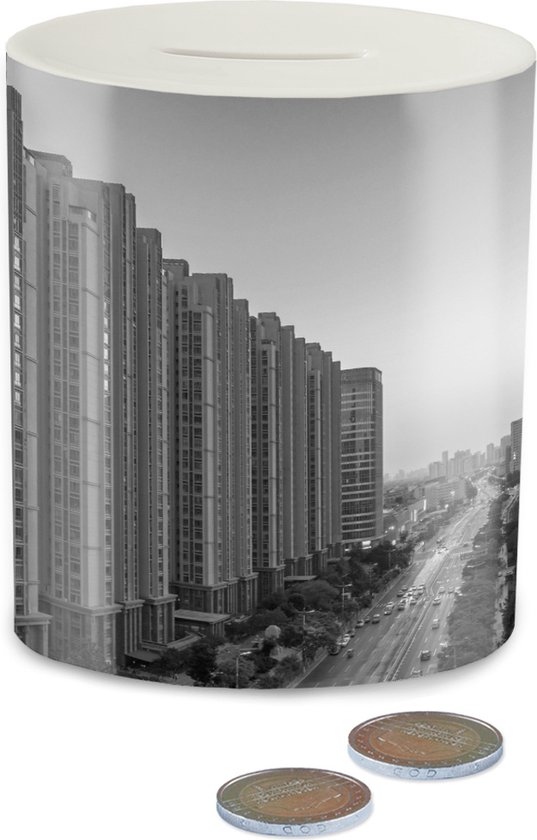 Spaarpot - Spaarblik - Appartementencomplexen aan snelweg in zwart-wit ...