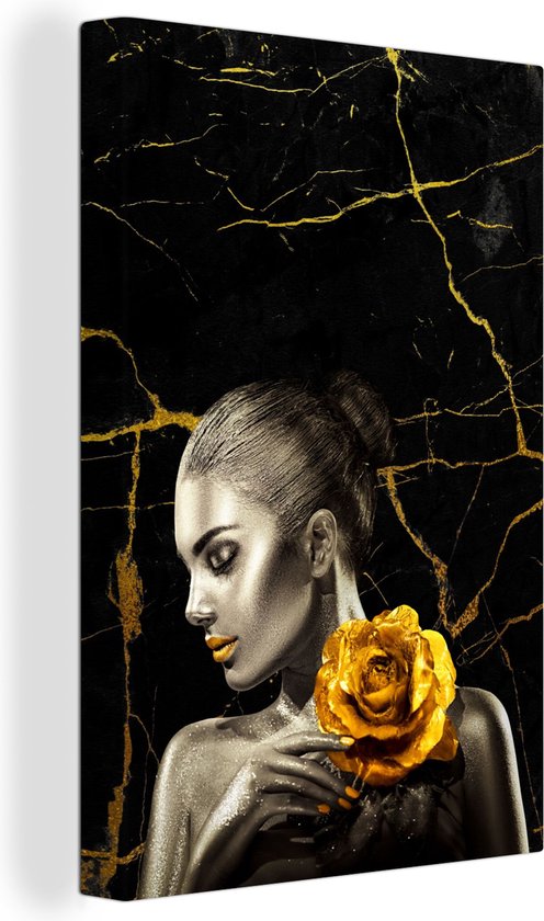 Canvas - Vrouw - Marmer - Bloemen - Goud - Roos - 90x140 cm - Canvas ...