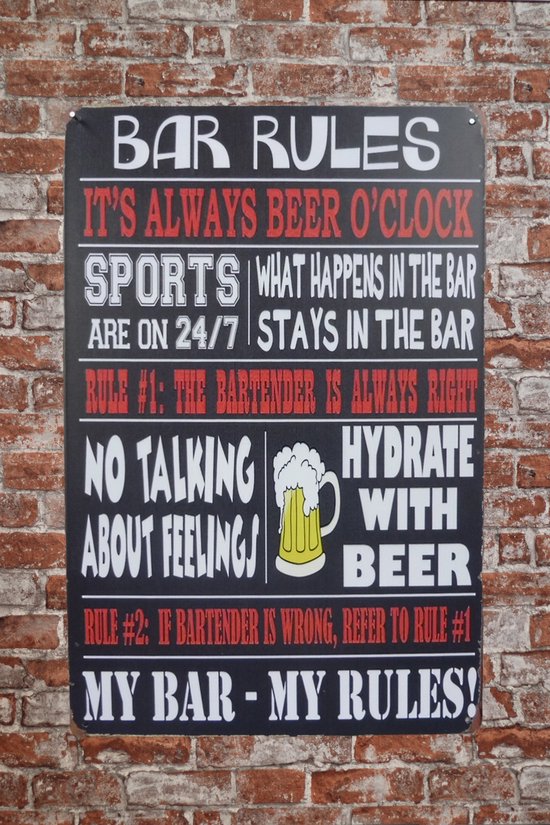 Wandbord - Bar Rules - Wandbord metaal - Metalen wandbord - Mancave ...