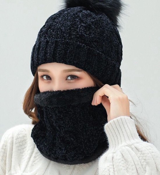 Set 2 Delig - Dames Muts Fleece Voering + Colsjaal - Zwart - Velvet | bol