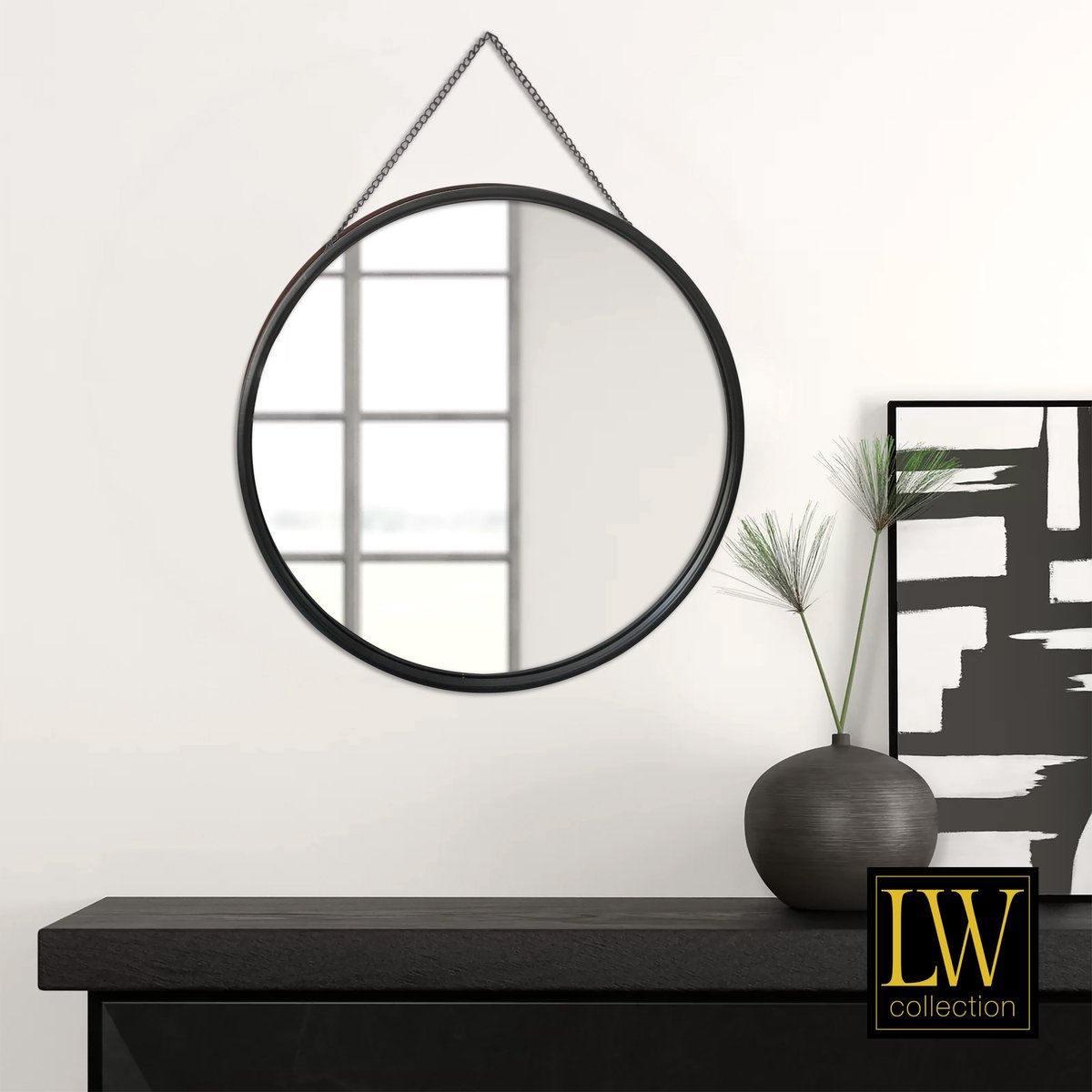 LW Collection wandspiegel met touw zwart rond 50x50 cm metaal - grote ...