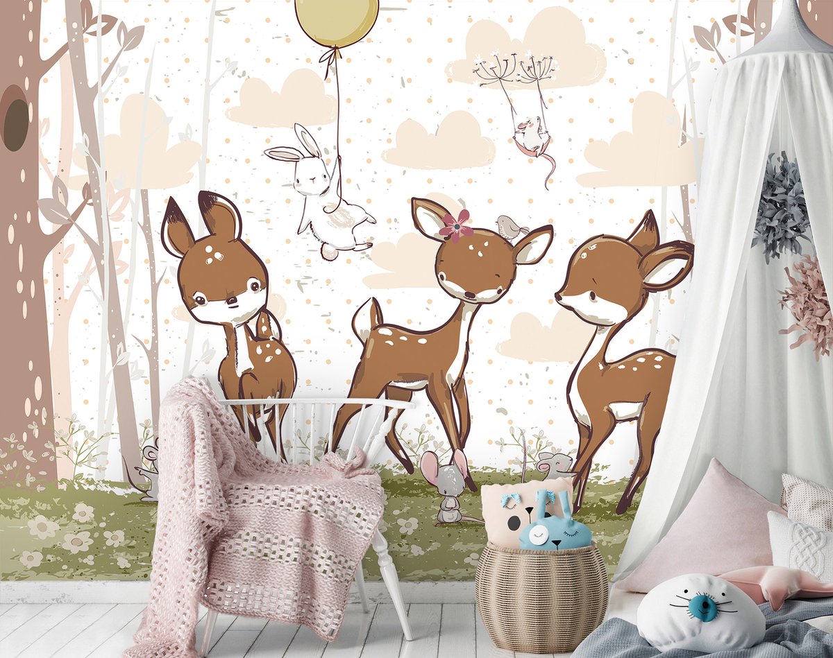 Fotobehang - Vlies Behang - Hertjes en Bosdieren in het Bos ...