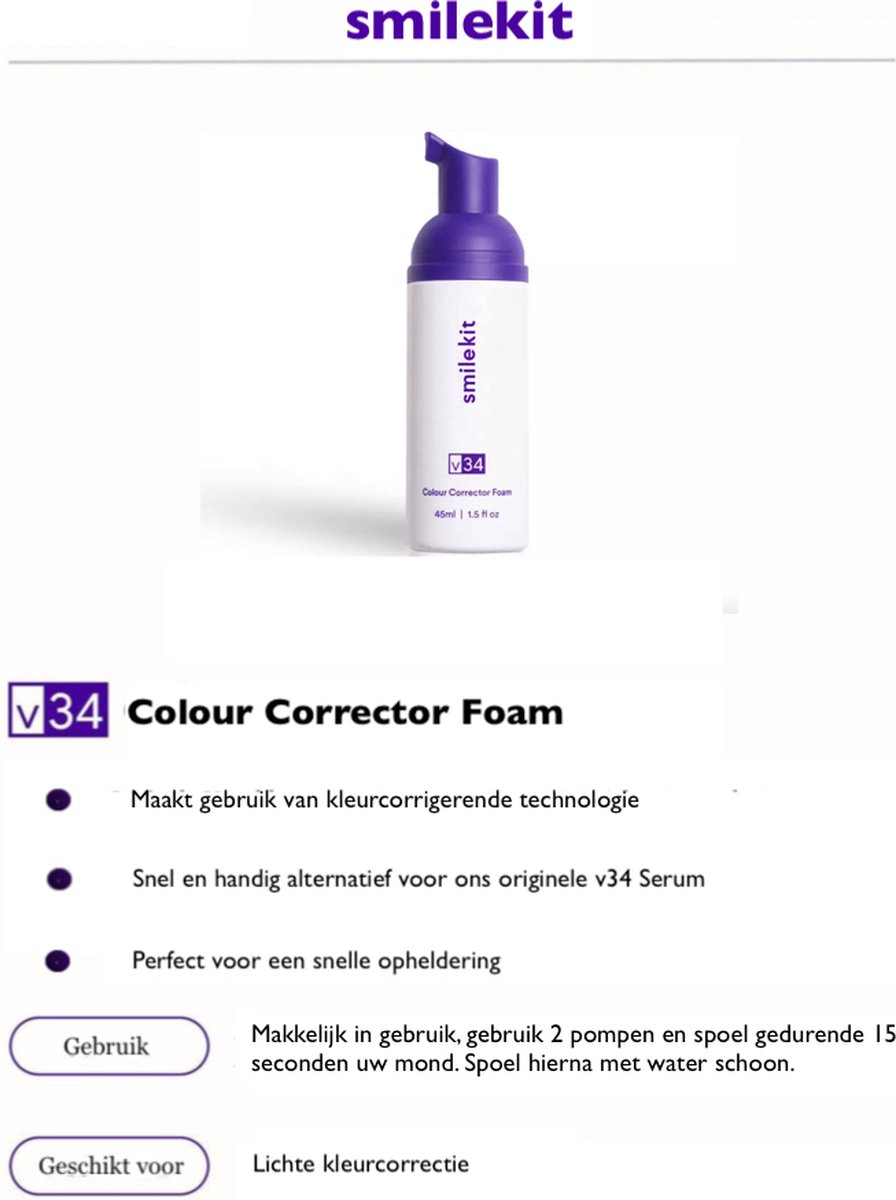 Smilekit V34 Colour Corrector Foam - Witte Tanden - Paarse Tandpasta ...