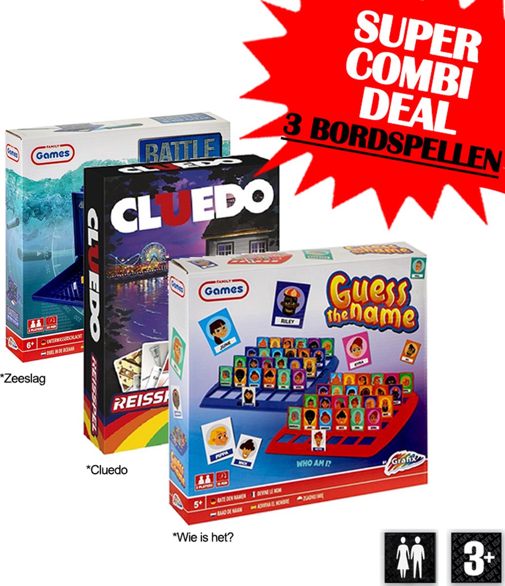 3 Bordspellen - Cluedo - Zeeslag - Wie is het? - Kaartspellen ...