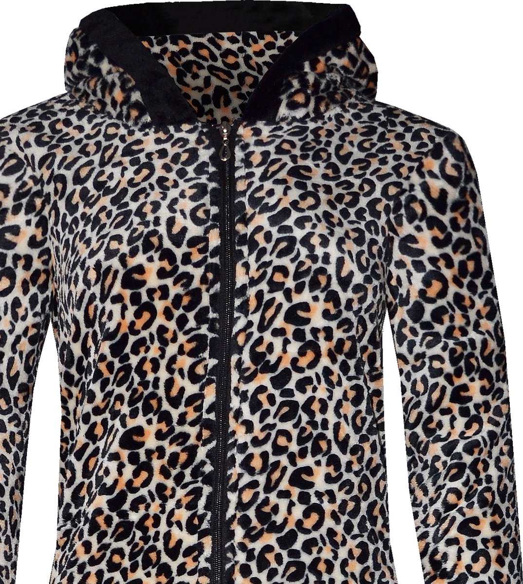 Dames badjas fleece benyson met capuchon en rits panterprint bruin S/M ...
