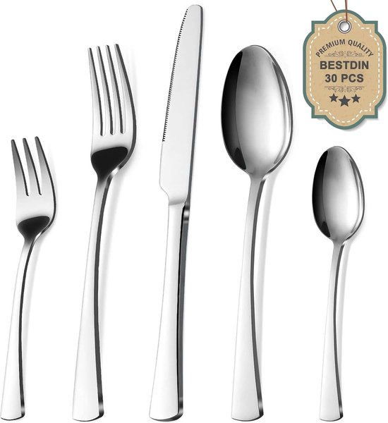 Bestekset voor 6 personen, 30-delig, roestvrij staal, bestekset met mes ...