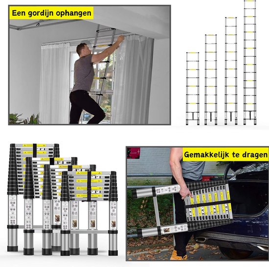 Telescopische Ladder - Licht Aluminium - Antislip Voeten - Draagbaar en ...