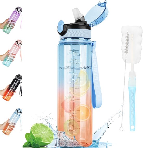Waterfles, 1 liter doorzichtige waterfles met rietje, BPA-vrije ...
