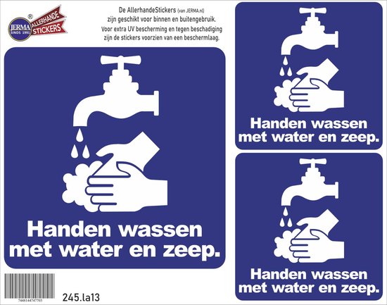 Handen Wassen met water en zeep sticker set van 3 stickers | bol