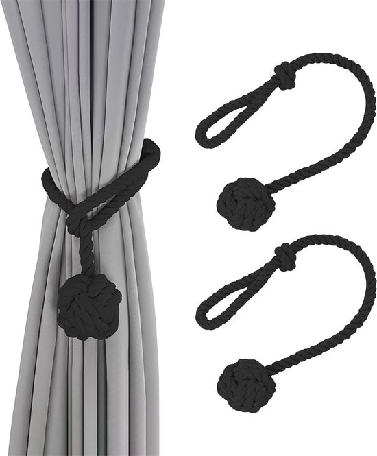Gordijnkoord - Handgebreid katoenen koord voor gordijnen - Zwart - Set ...