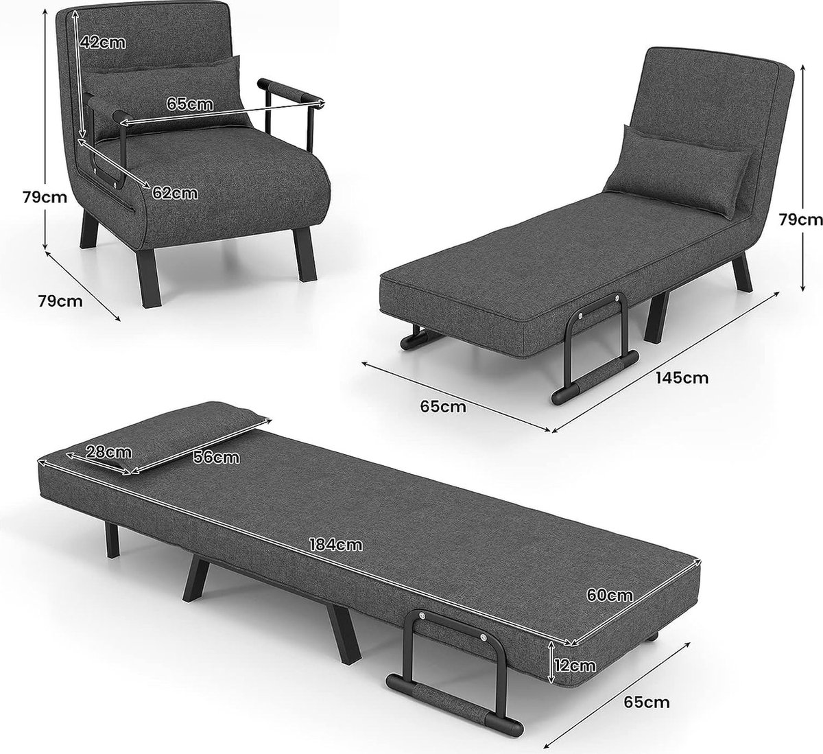 4-in-1 slaapstoel, inklapbaar, slaapbank met 5 standen, verstelbare ...