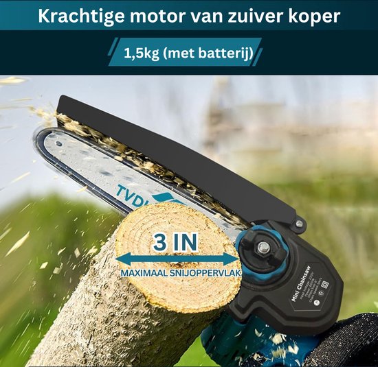 Mini kettingzaag - Inclusief 2 accu's - Met Automatisch Smeersysteem ...