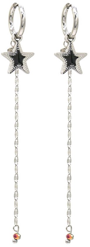 Oorbellen Ster en Kraal - RVS - 9 cm - Zilverkleurig en Zwart | bol