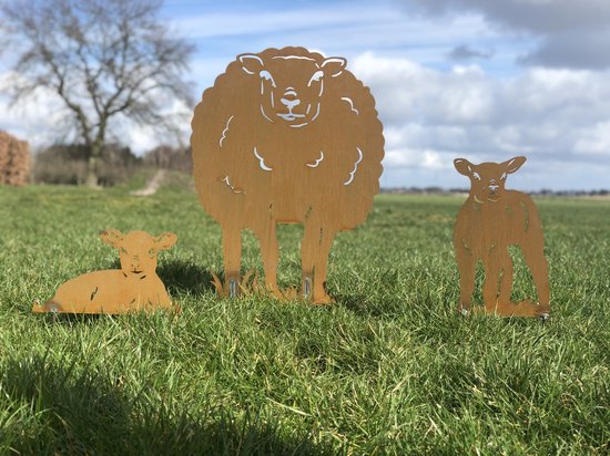 tuindecoratie, tuinbeeld, dierenbeeld, tuinsteker cortenstaal schaap met staand en... | bol