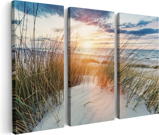 Artaza Canvas Schilderij Drieluik Strand en Zee vanuit Duinen met Zonsondergang -... | bol