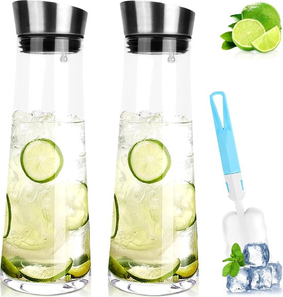 2 x glass water carafe, 1.2 litre glass carafe with lid, water bottle ...