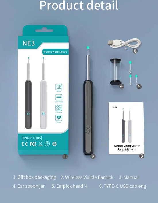 Earclean NE3 - Oorsmeer Verwijderaar met Camera Otoscoop - Zwart | bol