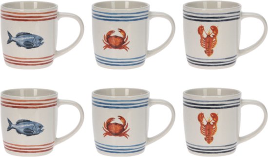 Siaki visservies set van 6 mokken 330 ml: 2 krabben, 2 kreeften en 2 ...