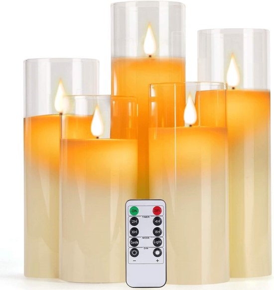 LED kaarsen met glazen effect 4" 5" 6" 7" 8" Set van 5 Drip-Minder Real ...