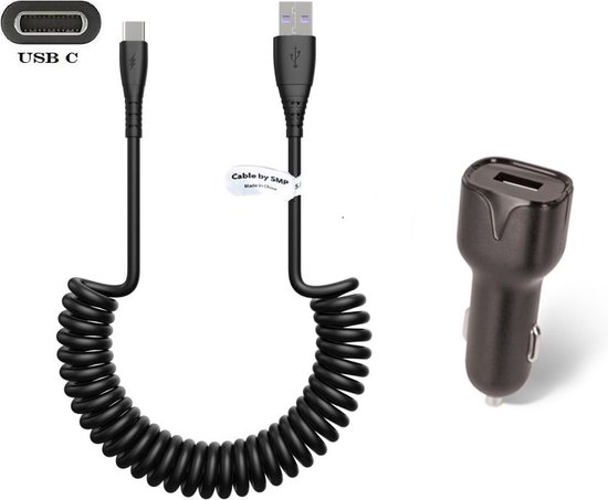 2.1A Auto oplader + 0,5m spiraal USB C kabel. Autolader adapter ...