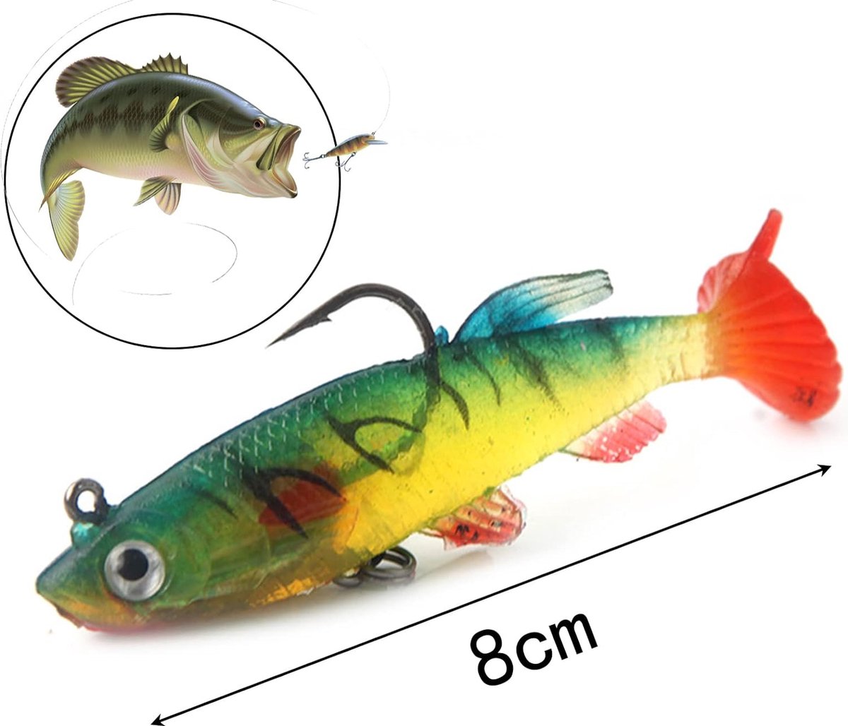 Rubberen vissen, snoekbaars, set, hengel, kunstaas, forel, visaas ...