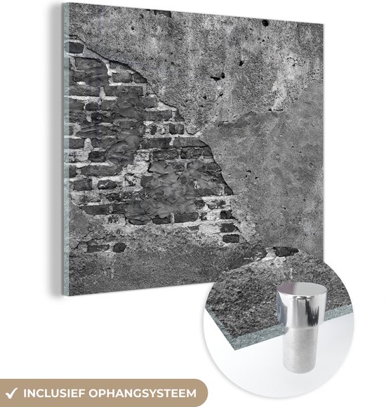 Glasschilderij zwart wit - Muur - Baksteen - Cement - Beton - Zwart ...