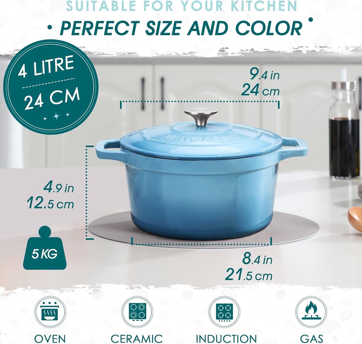 Ronde gietijzeren braadpan met emaille coating, oven met deksel, 24 cm ...