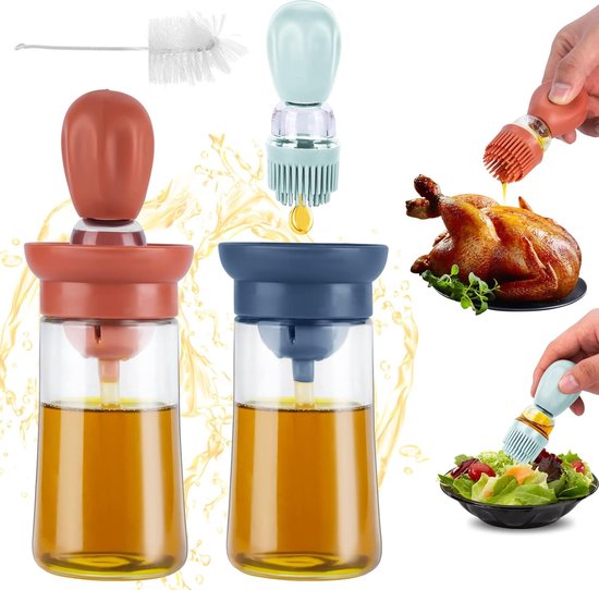 2 stuks oliefles met kwast, 180 ml, 2-in-1 glazen oliefles met ...