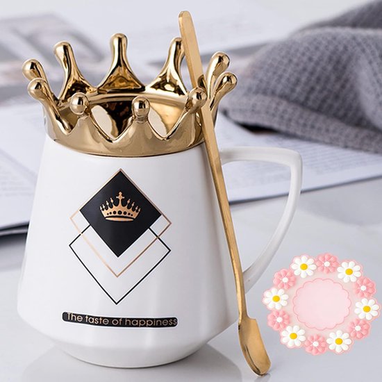 Leuke mok met deksel Leuke mok cadeau met kroon Zwarte thee koffiemok ...