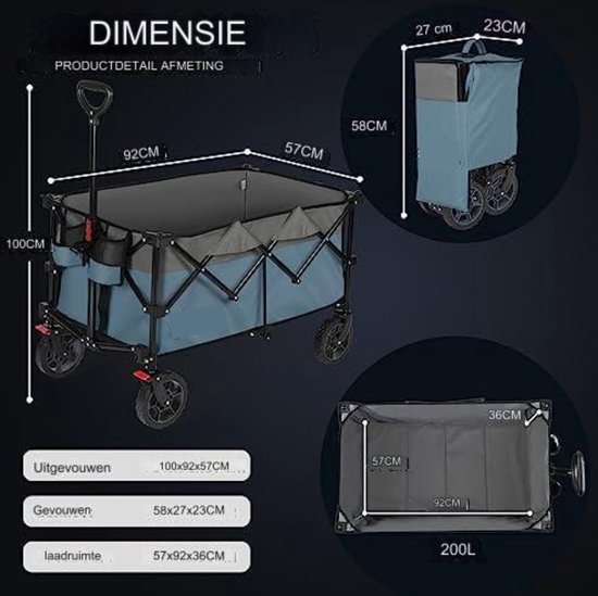 Bolderkar Opvouwbaar Luchtbanden - Bolderkar Met Duwstang - Blauw Met Grijs | bol