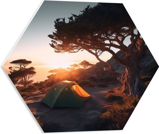 PVC Schuimplaat Hexagon - Kamperen - Natuur - Zonsondergang - Tentje ...